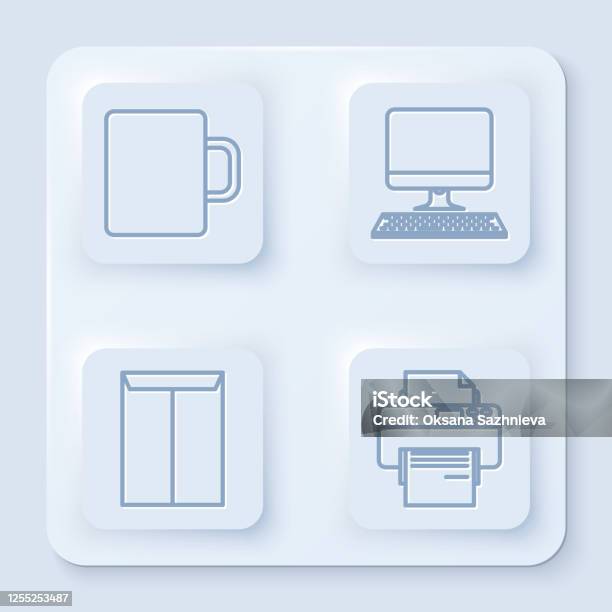 Vetores De Definir A Linha Copo De Café Monitor De Computador Com