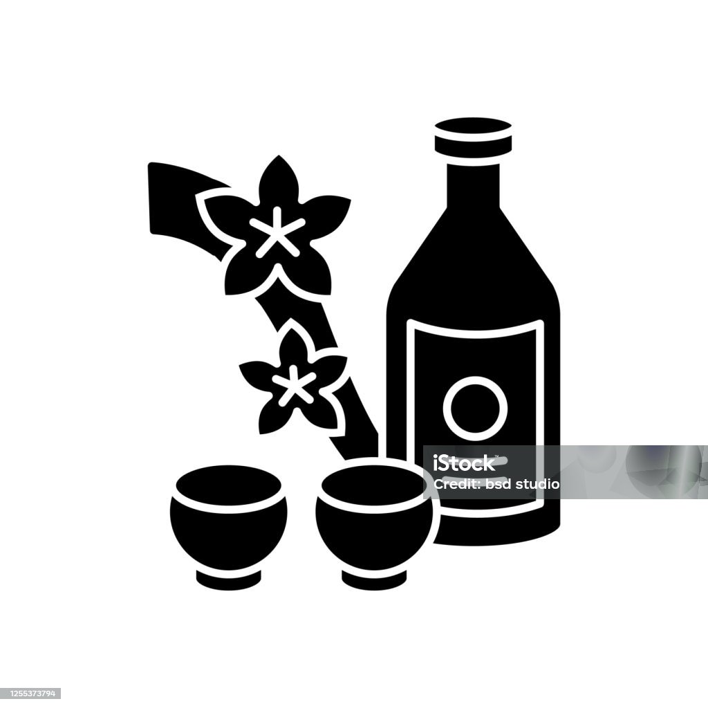 Sake Ikon Glyph Hitam Anggur Beras Jepang Dan Cabang Sakura Soju Korea Minum Dengan Dua Cangkir