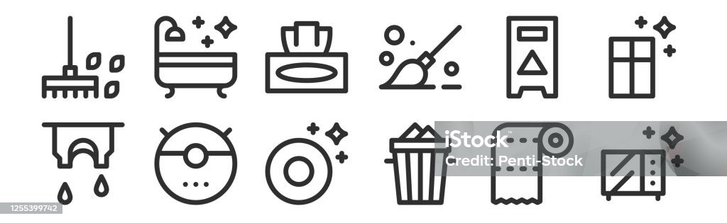 Set 12 Ikon Garis Besar Tipis Seperti Microwave Sampah Penyedot Debu