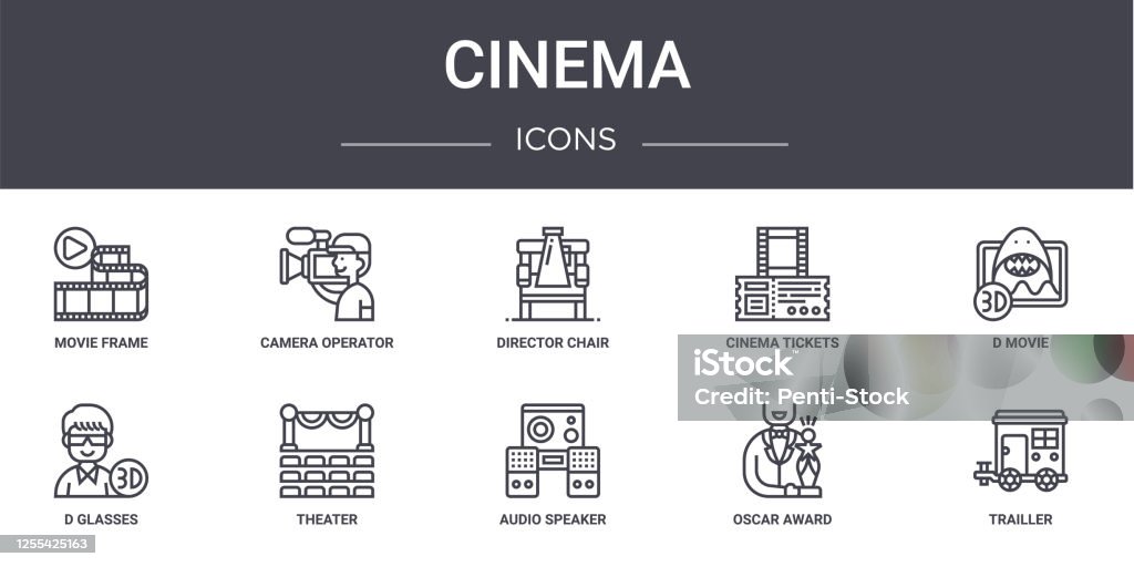 Ensemble Dicônes De Ligne De Concept De Cinéma Contient Des Icônes