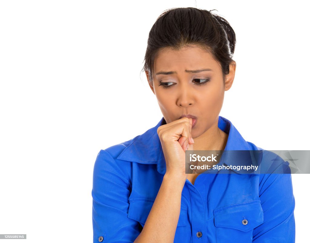 Portrait Of A Woman Sucking Thumb Biting Fingernail Feeling Clueless