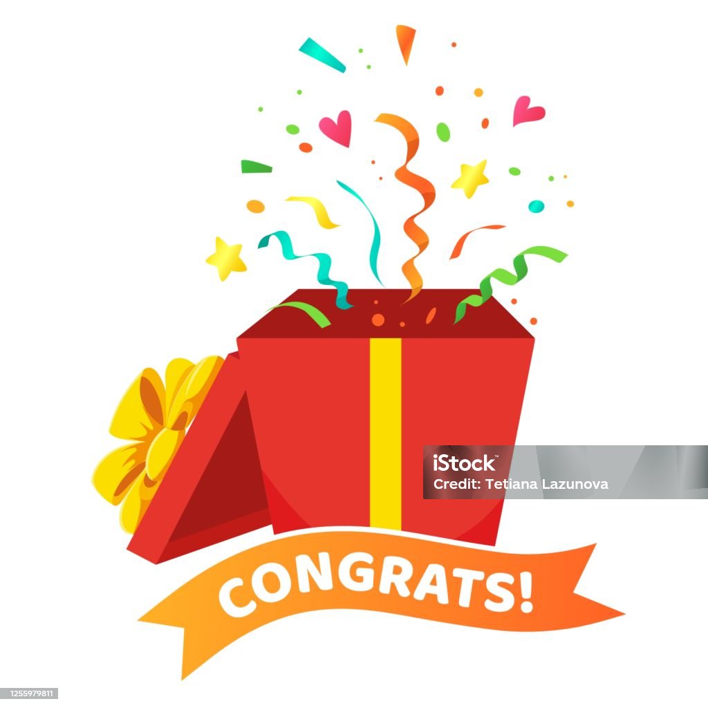Poster Selamat Dengan Kotak Hadiah Terbuka Pita Dan Confetti Di Atas ... Poster Selamat Dengan Kotak Hadiah Terbuka Pita Dan Confetti Di Atas ...