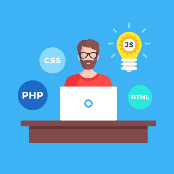 170 Programmer Coding Laptop Computer Work Desk Freelancer Sitting On Table Stock Illustrations