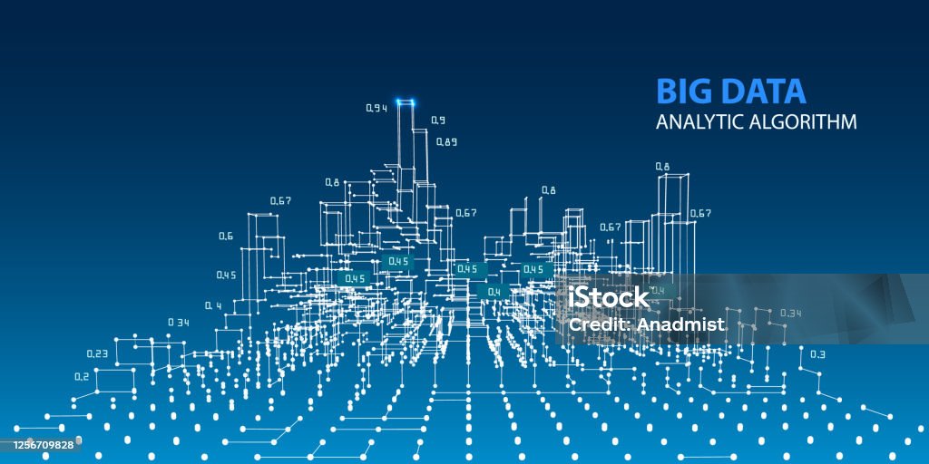 Abstract Futuristic Analysis Grid Algorithm Data On Blue Background Big Data 3d Grid Data Chart