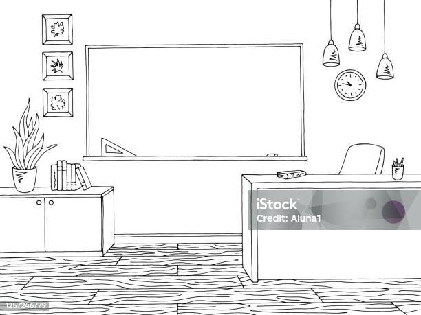 Vektor Ilustrasi Sketsa Interior Putih Putih Kelas Ilustrasi Stok
