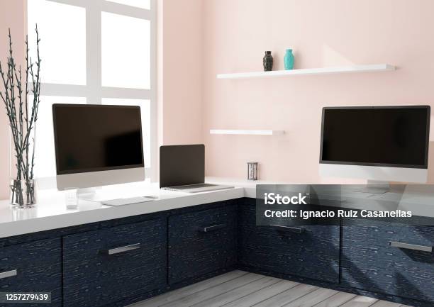Ruang Kerja Di Rumah Dengan Komputer Desktop Mockup Rendering 3d Konsep