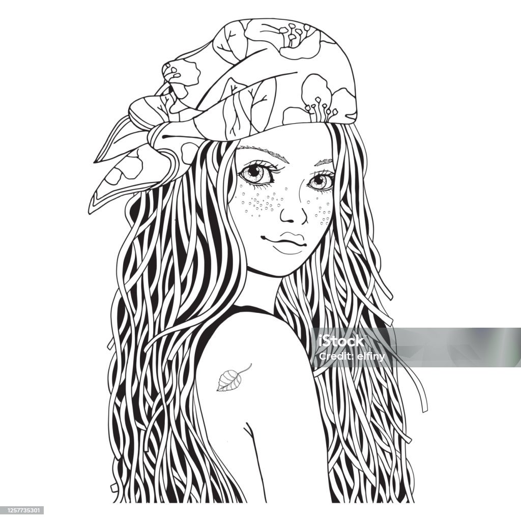 Gadis Cantik Muda Di Bandana Gaya Doodle Halaman Buku Mewarnai Doodle