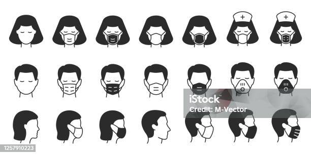 Pria Dan Wanita Dalam Ikon Topeng Medis Ilustrasi Vektor Hitam