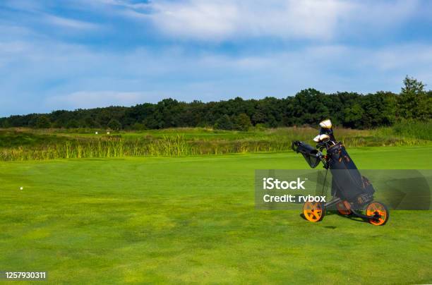 Lapangan Untuk Permainan Golf Lanskap Dengan Tas Golf Rumput Kasar Dan ... Lapangan Untuk Permainan Golf Lanskap Dengan Tas Golf Rumput Kasar Dan ...