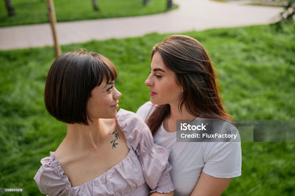 Young Lesbian Couple In Love Standing Face To Face At A Park Stock