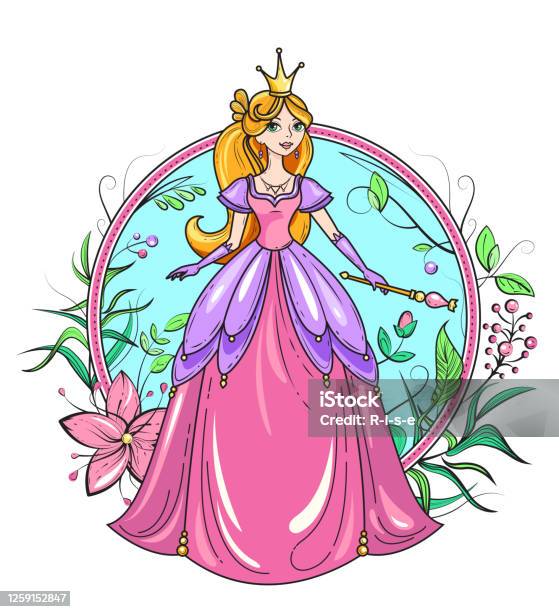 Princess Standing In Beautiful Dress With Magic Wand Stock Illustration
