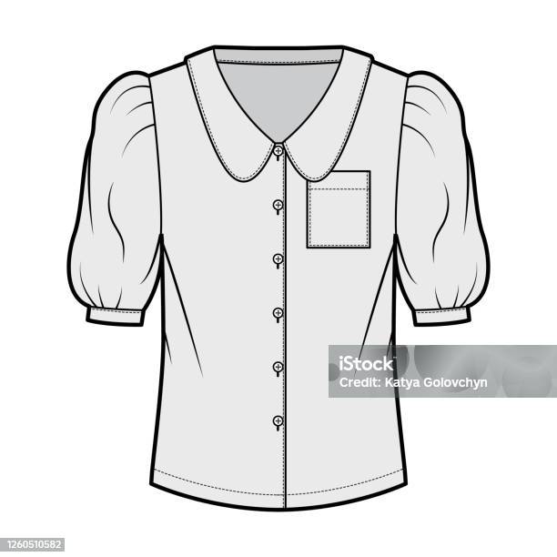 Kemeja Kerah Bergigi Ilustrasi Mode Teknis Dengan Lengan Puff Siku ... Kemeja Kerah Bergigi Ilustrasi Mode Teknis Dengan Lengan Puff Siku ...