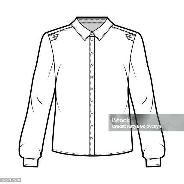 Ilustrasi Mode Teknis Kemeja Gaya Militer Klasik Dengan Placket Kancing ... Ilustrasi Mode Teknis Kemeja Gaya Militer Klasik Dengan Placket Kancing ...