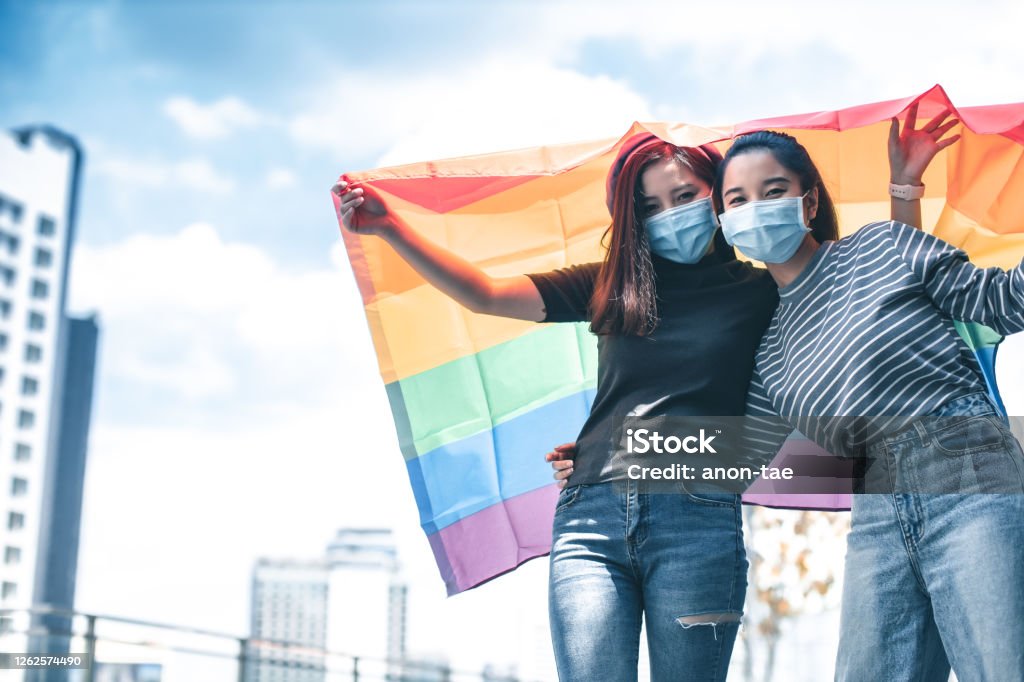 Lgbt Portrait Of Lesbian Couple Asian Women Using Lips Kissing Under