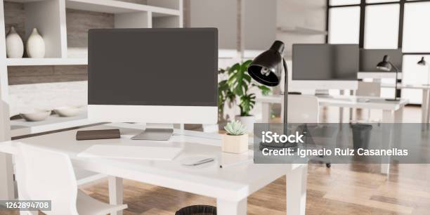 Kantor Modern Dengan Mockup Komputer Layar Hitam Ilustrasi 3d Foto Stok