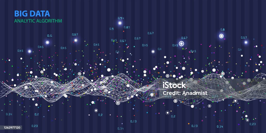 Big Data Abstract Infographics With Wavy Grid Algorithm Data On Blue