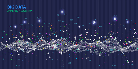 Big Data Abstract Infographics With Wavy Grid Algorithm Data On Blue Background Data Chart 3d