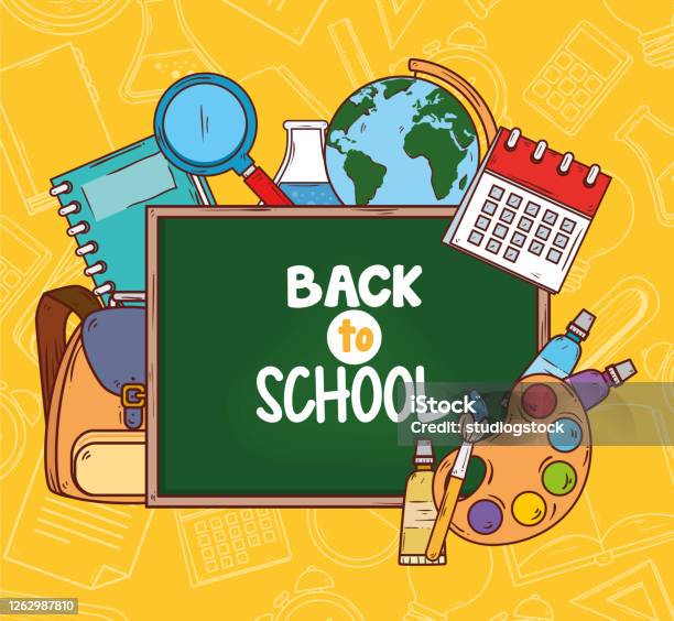 Kembali Ke Spanduk Sekolah Dengan Papan Tulis Dan Memasok Pendidikan