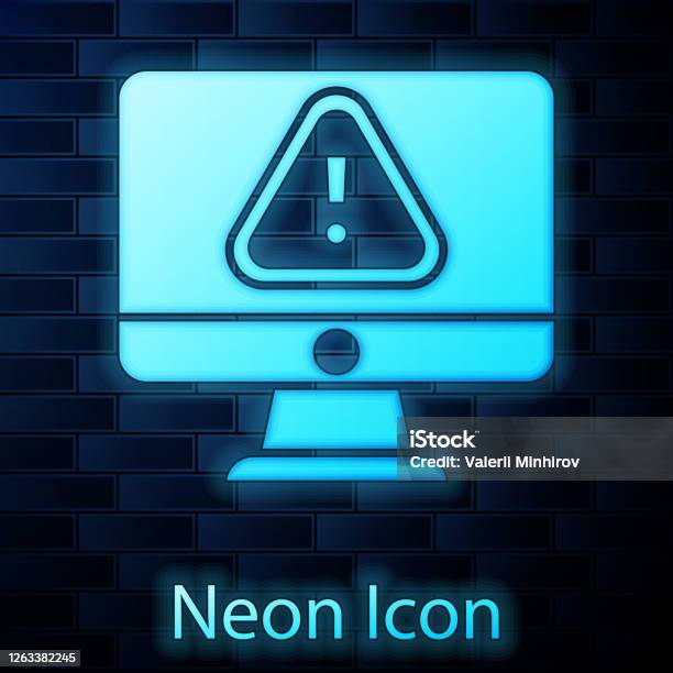 Monitor Komputer Neon Bersinar Dengan Ikon Tanda Seru Terisolasi Pada