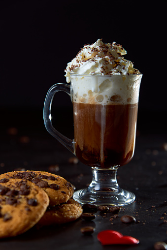 Close Up Of A Glass Cup Of Coffee With Whipped Cream And Shaved Chocolate On It Chocolate Chip
