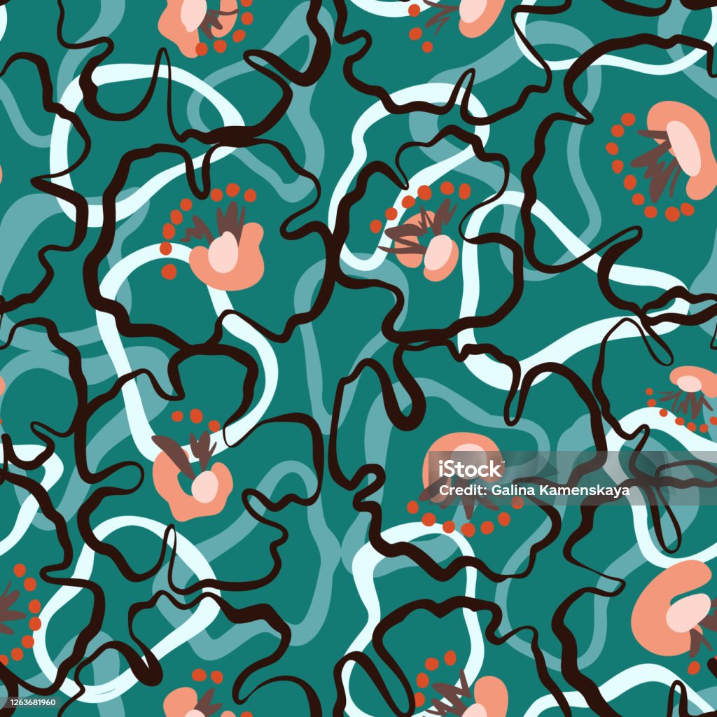 Siluet Bunga Gambar Garis Desain Datar Gaya Trendi Modern Pola Bunga Mulus Ornamen Alam Musim