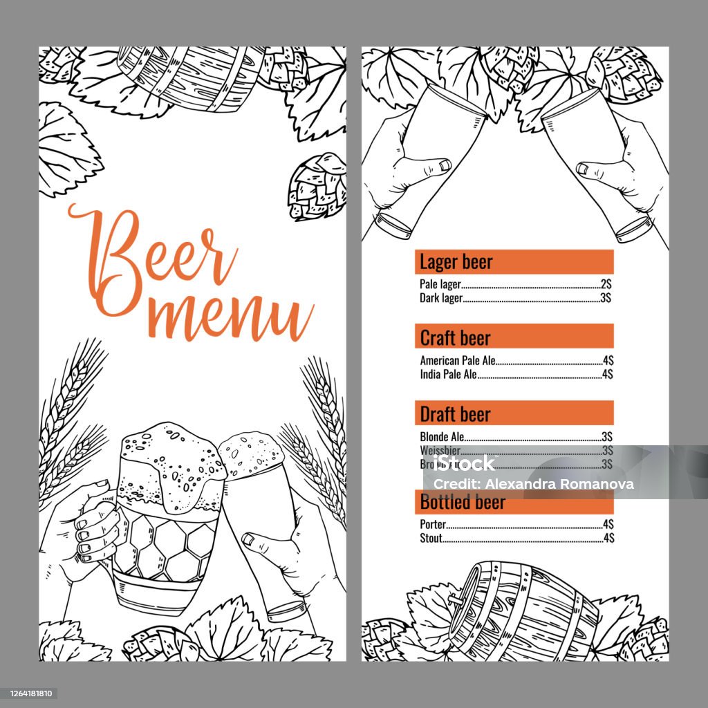 Stock Ilustrace Šablona Designu Pivního Menu Se Seznamem Nápojů Dvě