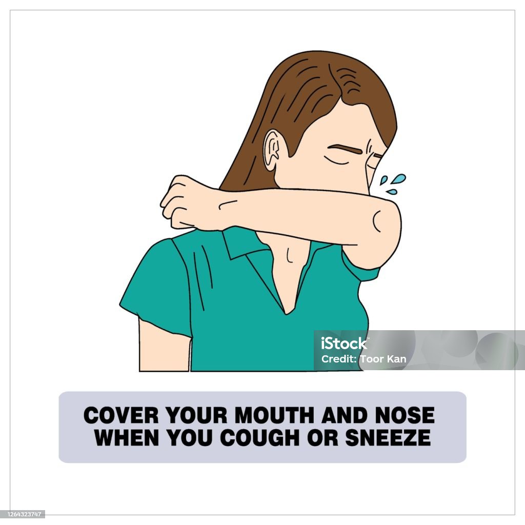 Cover Your Mouth And Nose With Arm When Cough Or Sneeze Woman Vector