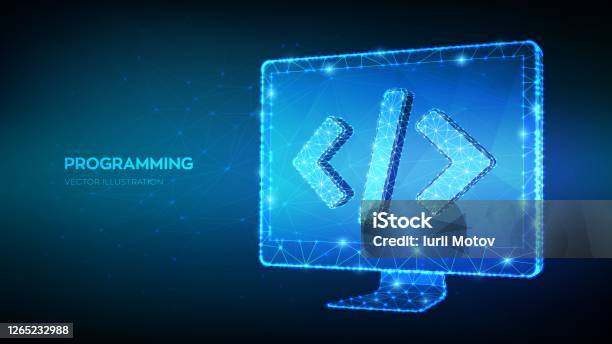 Programming Concept Abstract Low Polygonal Computer Monitor With Programming Code Symbol Coding