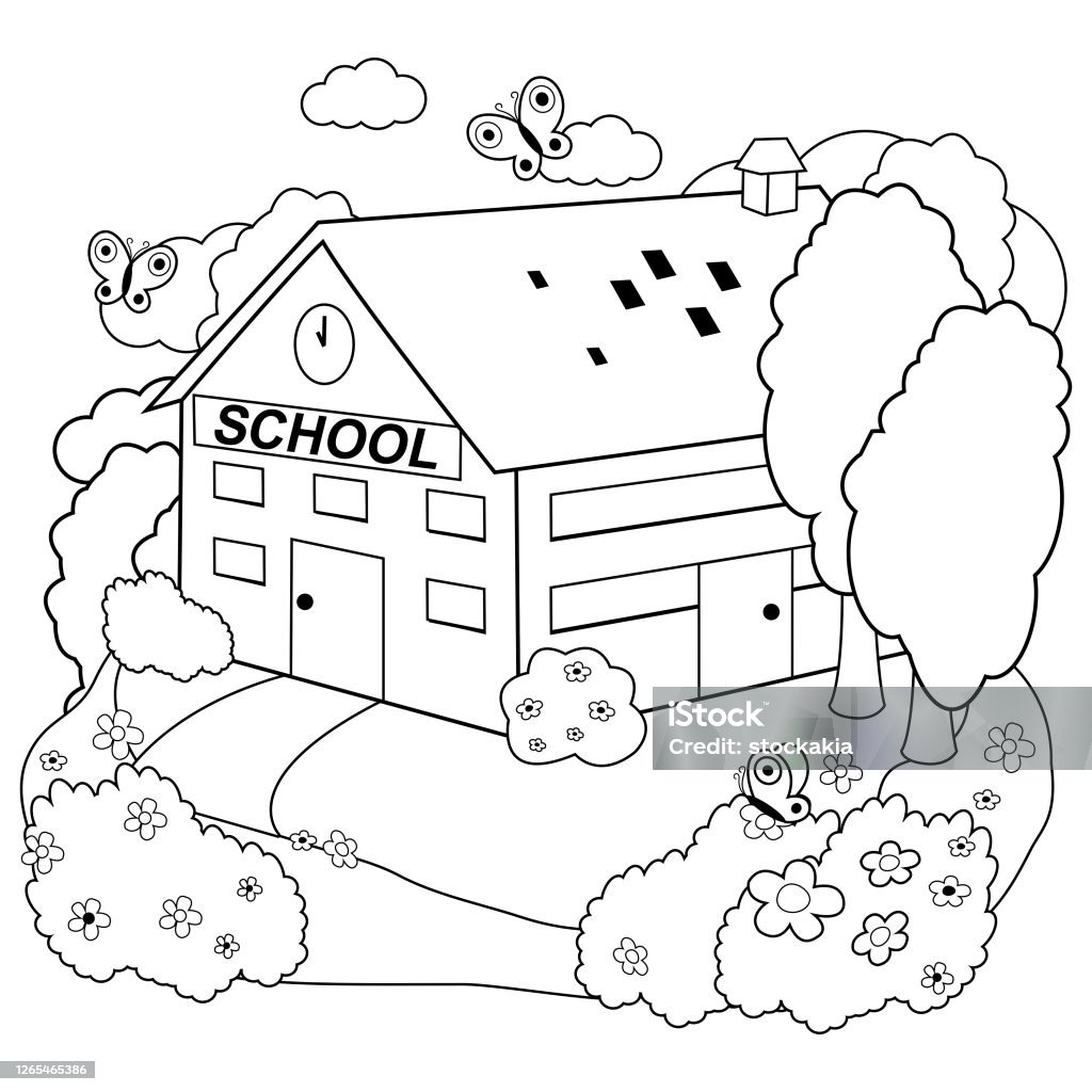 Gedung Sekolah Halaman Mewarnai Hitam Dan Putih Vektor Ilustrasi Stok Unduh Gambar Sekarang