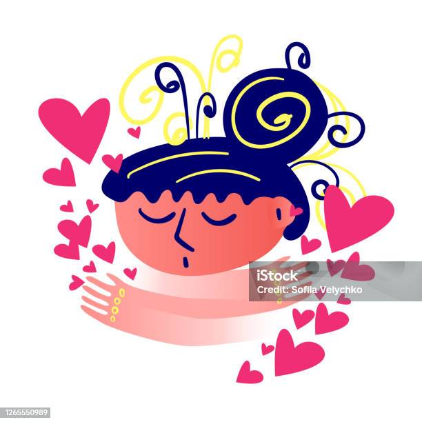Self Care Concept Girl Hugging Herself Surrounded By Hearts Stock