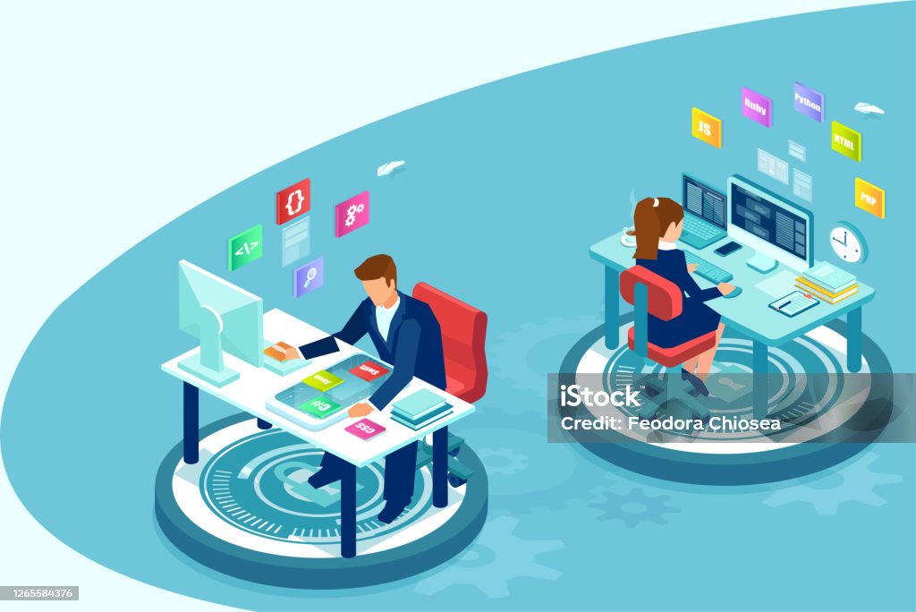 Isometric Vector Of A Programmers Software Engineers Coding On Computers Stock Illustration