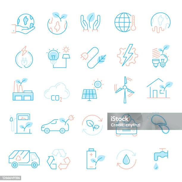 Set Of Green Energy Related Flat Line Icons Simple Outline Symbol Icons