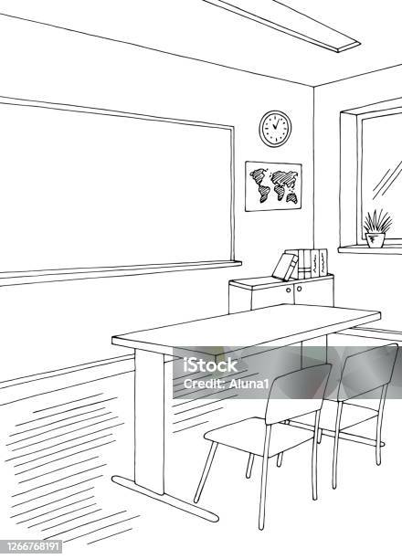 Vektor Ilustrasi Sketsa Interior Sekolah Vertikal Putih Grafis Kelas