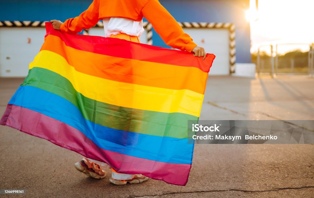 Beautiful African American Lesbian Woman With Lgbt Rainbow Flag At