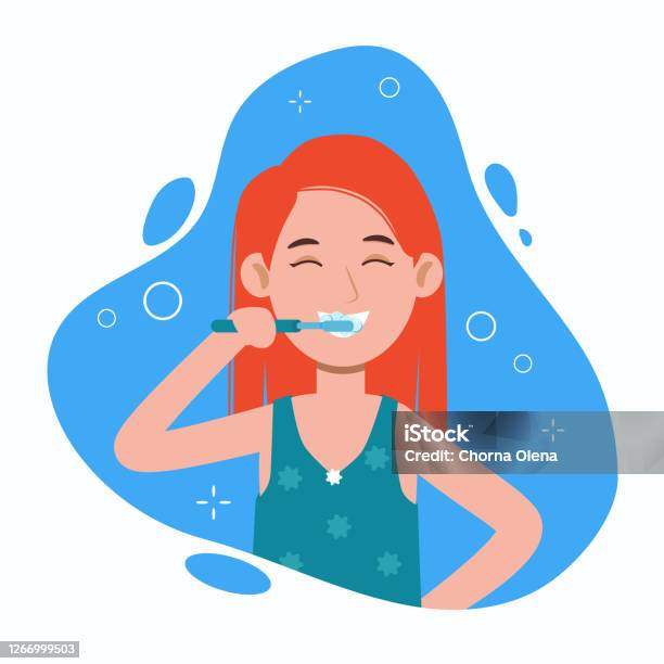Wanita Muda Menyikat Gigi Di Kamar Mandi Kebersihan Mulut Perawatan Kesehatan Gigi Ilustrasi