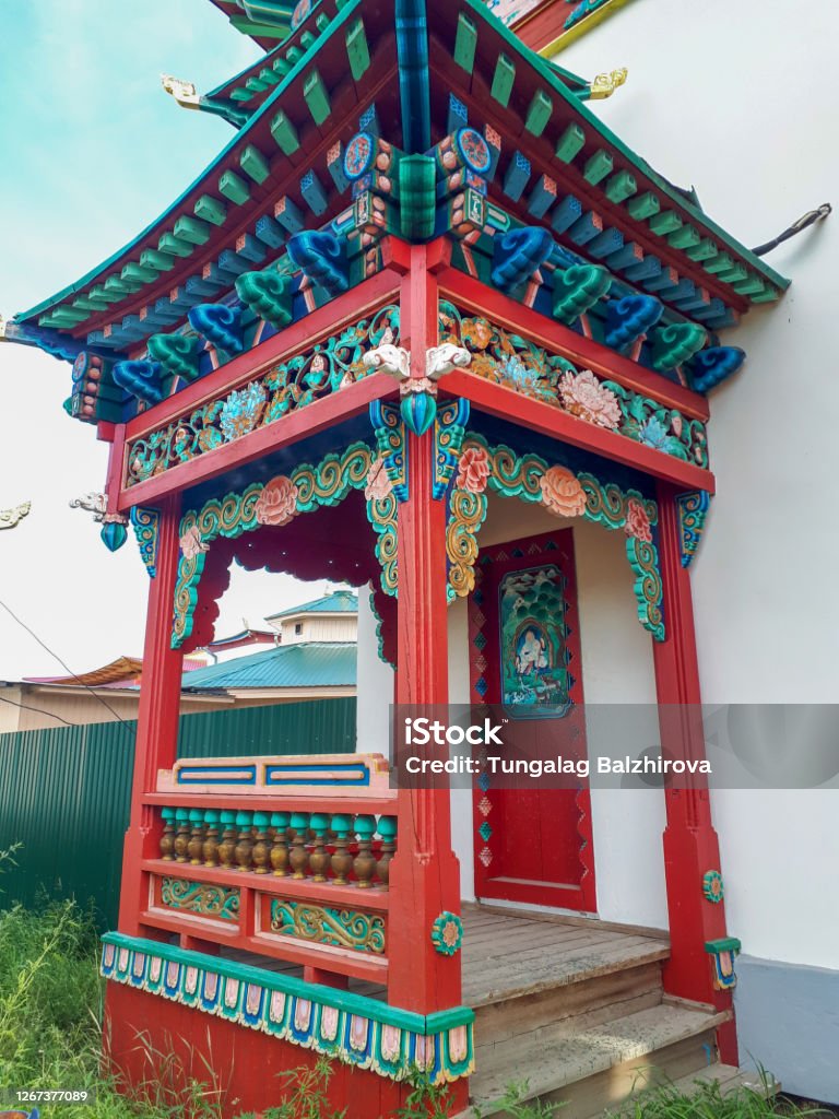 Buddhist Temple Decorations Religious Carvings Wood Porch Door Roof