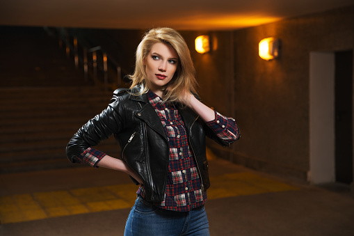 Free Picture Portrait Of Blonde In Black Leather Pants And Fancy Shirt