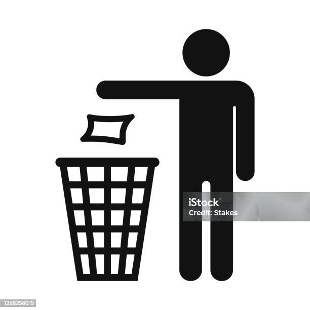 Symbole De Recyclage Homme De Bâton Jetant La Poubelle Dans La Poubelle