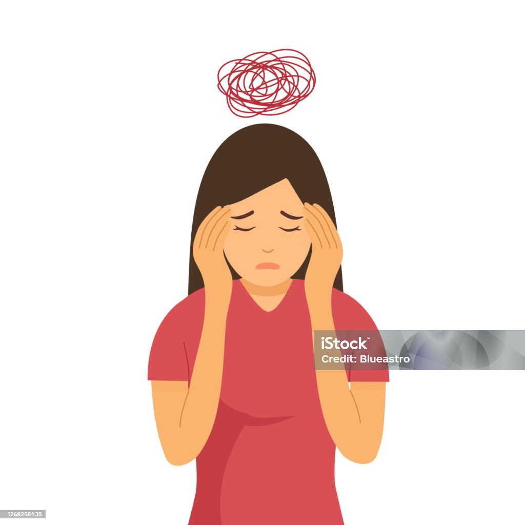 Wanita Muda Mengalami Sakit Kepala Dan Pusing Konsep Ilustrasi Vektor