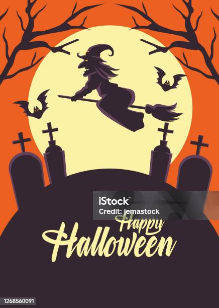 Kartu Halloween Bahagia Dengan Penyihir Terbang Di Sapu Di Atas Kuburan