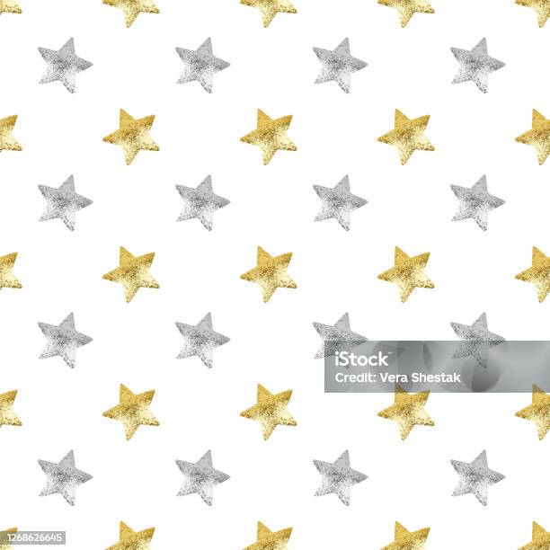 Seamless Pattern Golden Silver Stars White Background Isolated