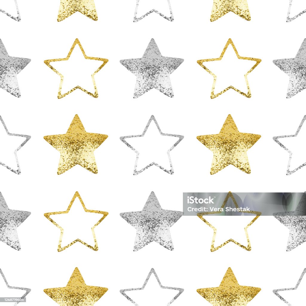 Seamless Pattern Golden Silver Stars White Background Isolated