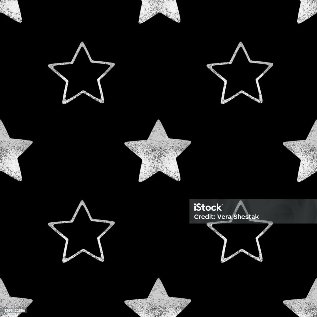 Seamless Pattern Silver Stars Black Background Isolated Decorative