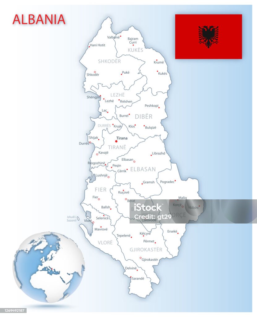 Detaljerad Albanien Administrativ Karta Med Land Flagga Och Plats På En Blå Glob Vektorgrafik