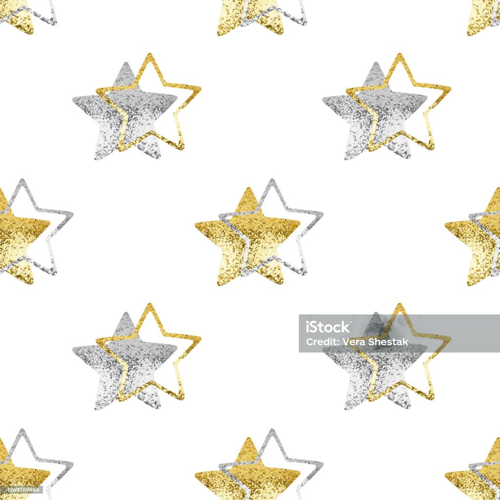 Seamless Pattern Golden Silver Stars White Background Isolated