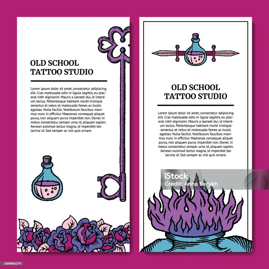 Old School Tattoo Banner Template With Heart Roses Knife Glass Bottle Key With Outline And