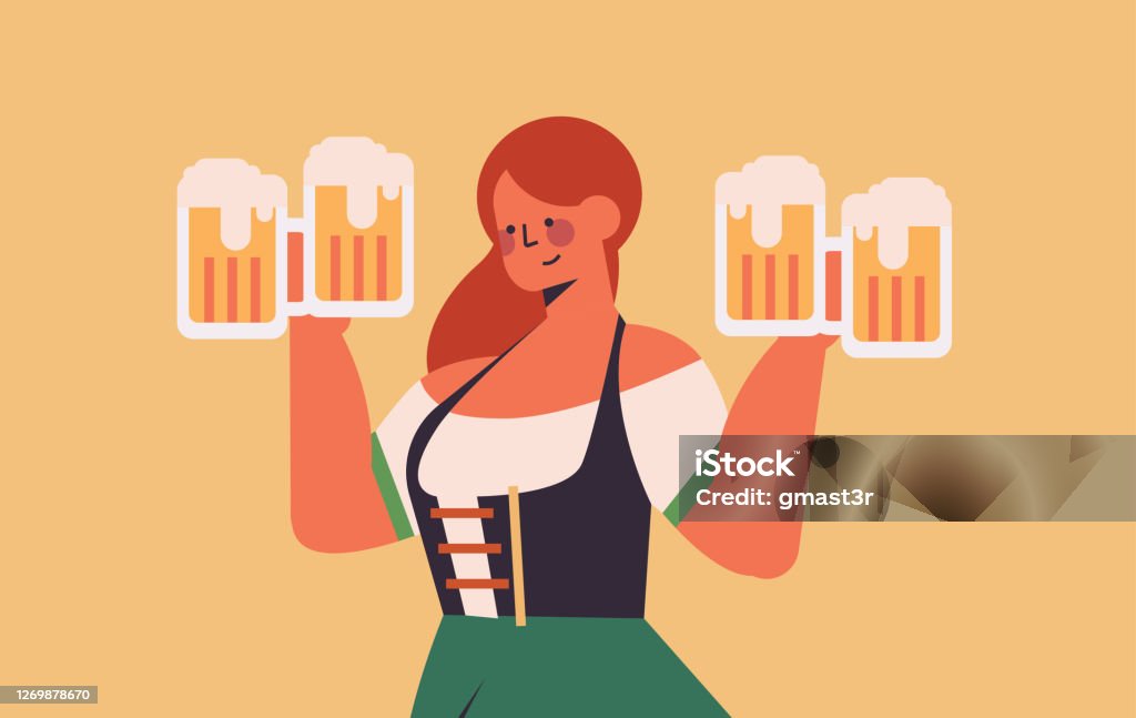 Girl Waitress Holding Beer Mugs Beer Fest Party Celebration Concept