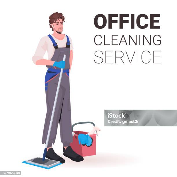 Petugas Kebersihan Kantor Profesional Pria Berseragam Dengan Peralatan ... Petugas Kebersihan Kantor Profesional Pria Berseragam Dengan Peralatan ...