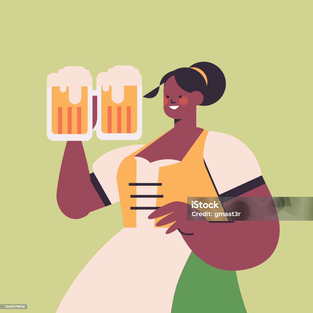 Girl Waitress Holding Beer Mugs Beer Fest Party Celebration Concept