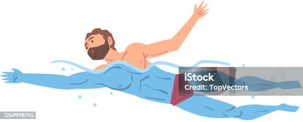 Bearded Man Swim In Swimming Pool Person In Swimwear Performing Water